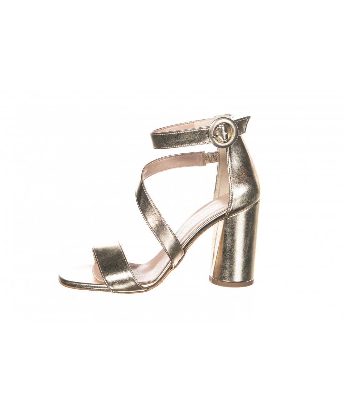signature OSMOSE : la sandale laminé platine à talon haut & carré.